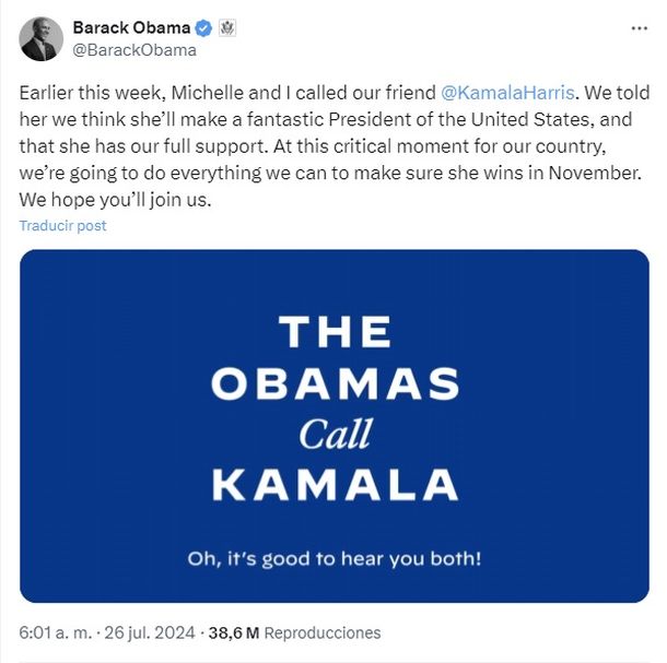 Barack Obama mostró su apoyo a Kamala Harris: Esto va a ser histórico