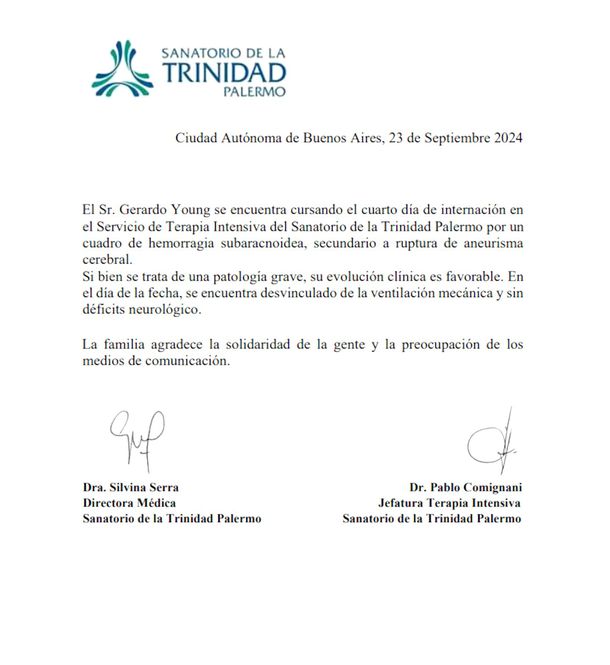 Qué dice el primer parte médico de Gerardo Tato Young tras sufrir un ACV