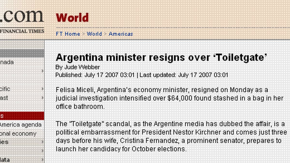 Tras la renuncia de Felisa Miceli, los medios hablan de toiletgate