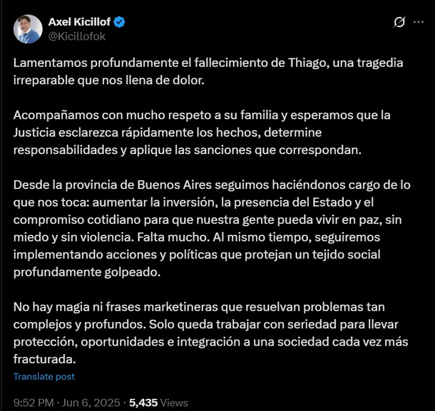 El sentido mensaje de Axel Kicillof tras la muerte de Thiago: Tragedia irreparable