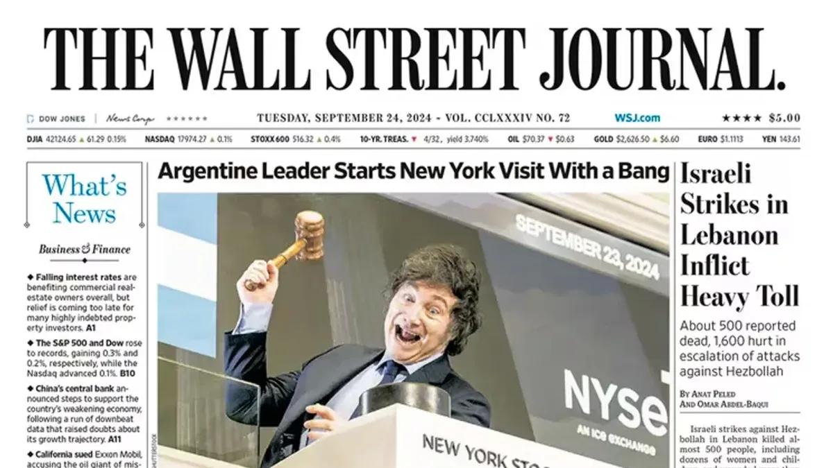 El Wall Street Journal puso en su portada la visita de Javier Milei a Nueva York