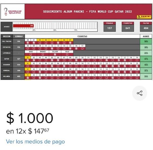 Vende a $1.000 el excel del álbum del Mundial de Qatar 2022 Vende a $1.000 el excel del álbum del Mundial de Qatar 2022