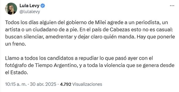 Lula Levy llamó a todos los candidatos a repudiar la agresión de ...