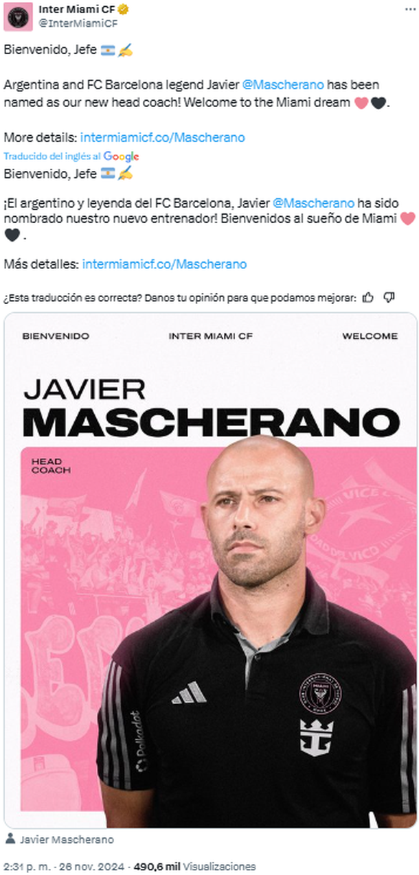 Inter Miami presentó de manera oficial a Javier Mascherano como nuevo entrenador